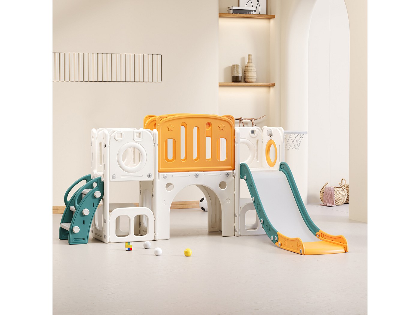 Toboggan 6 en 1 en PEHD pour enfant, avec plate-forme, escalier, 2 zondes de rangement, arcade ...