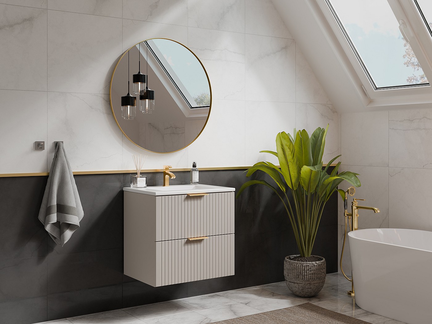 Mobile sotto lavabo sospeso striato, Beige, L60 cm, ZEVARA
