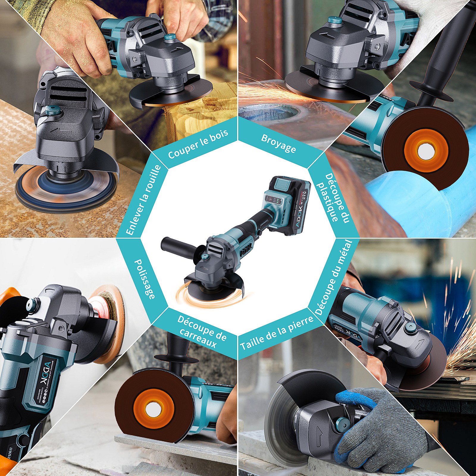 Meuleuse d'angle sans fil 125mm -2xbatterie 21 V 4,0 Ah - moteur sans balais 9 000 tr/min - 6 ...