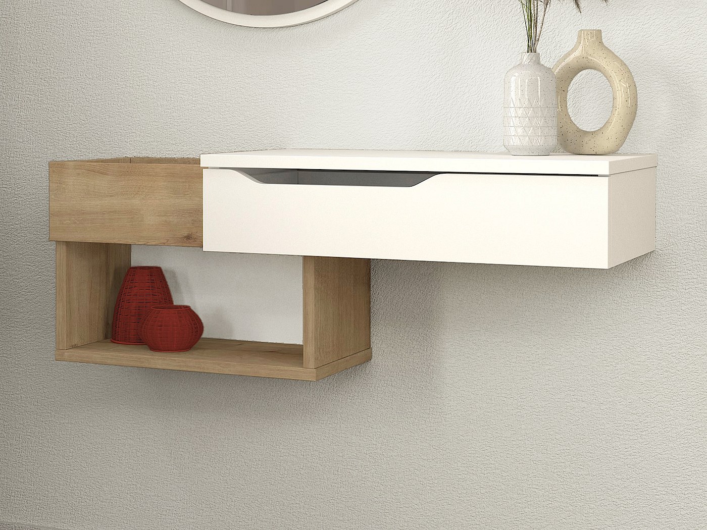 Console suspendue avec 1 tiroir et 2 niches - Naturel et blanc - DAREKA