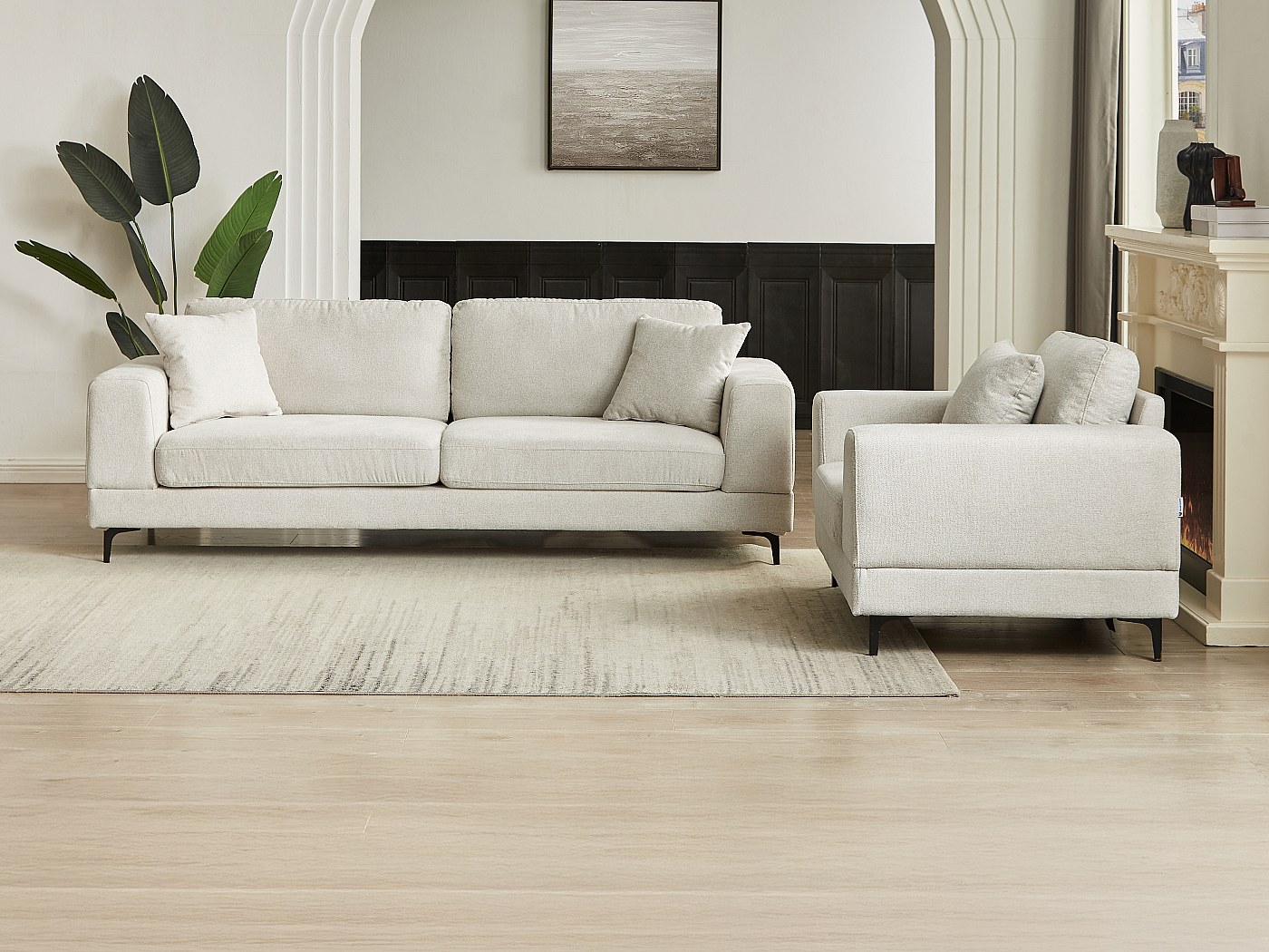 Sofá de 3 plazas y sillón de tela texturizada beige JAMOLO