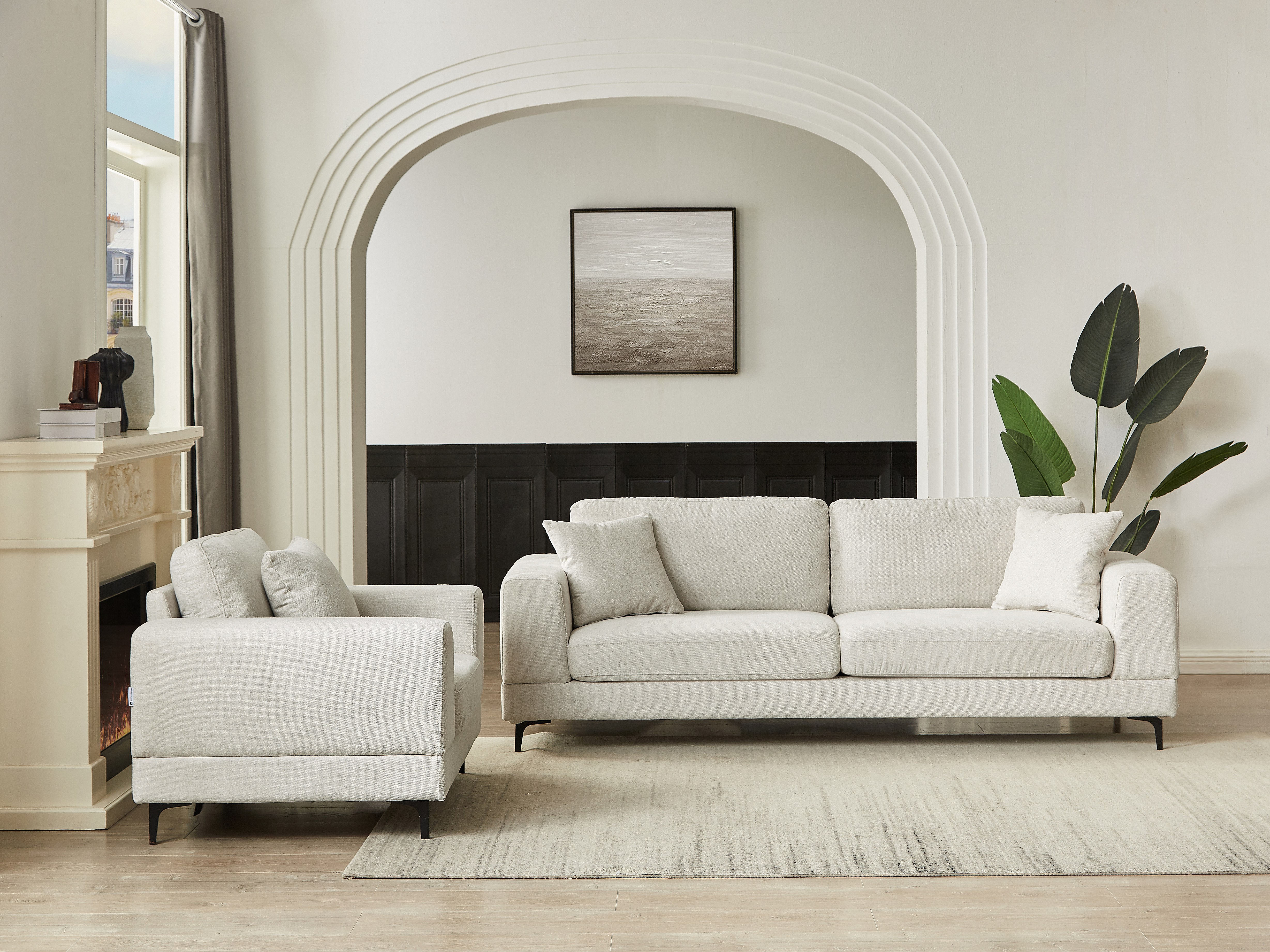 Sofá de 3 plazas y sillón de tela texturizada beige JAMOLO