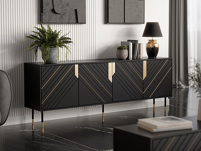 Aparador Charlotte P101, Negro|Dorado, 72x204x40cm, MDF|Aglomerado laminado