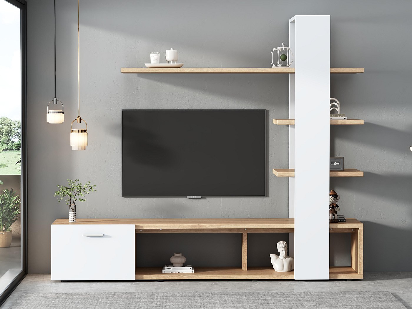 Mur TV avec rangements - 3 compartiments et 3 étagères - Blanc & Naturel
