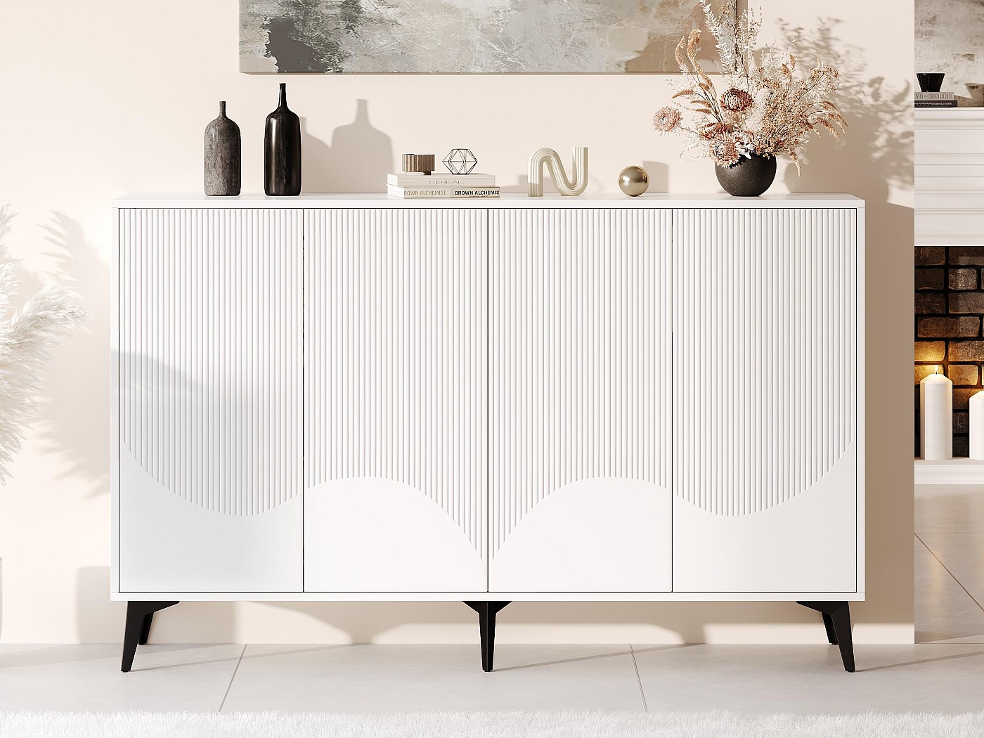 Buffet brillant moderne - 4 portes avec étagères réglables - Blanc