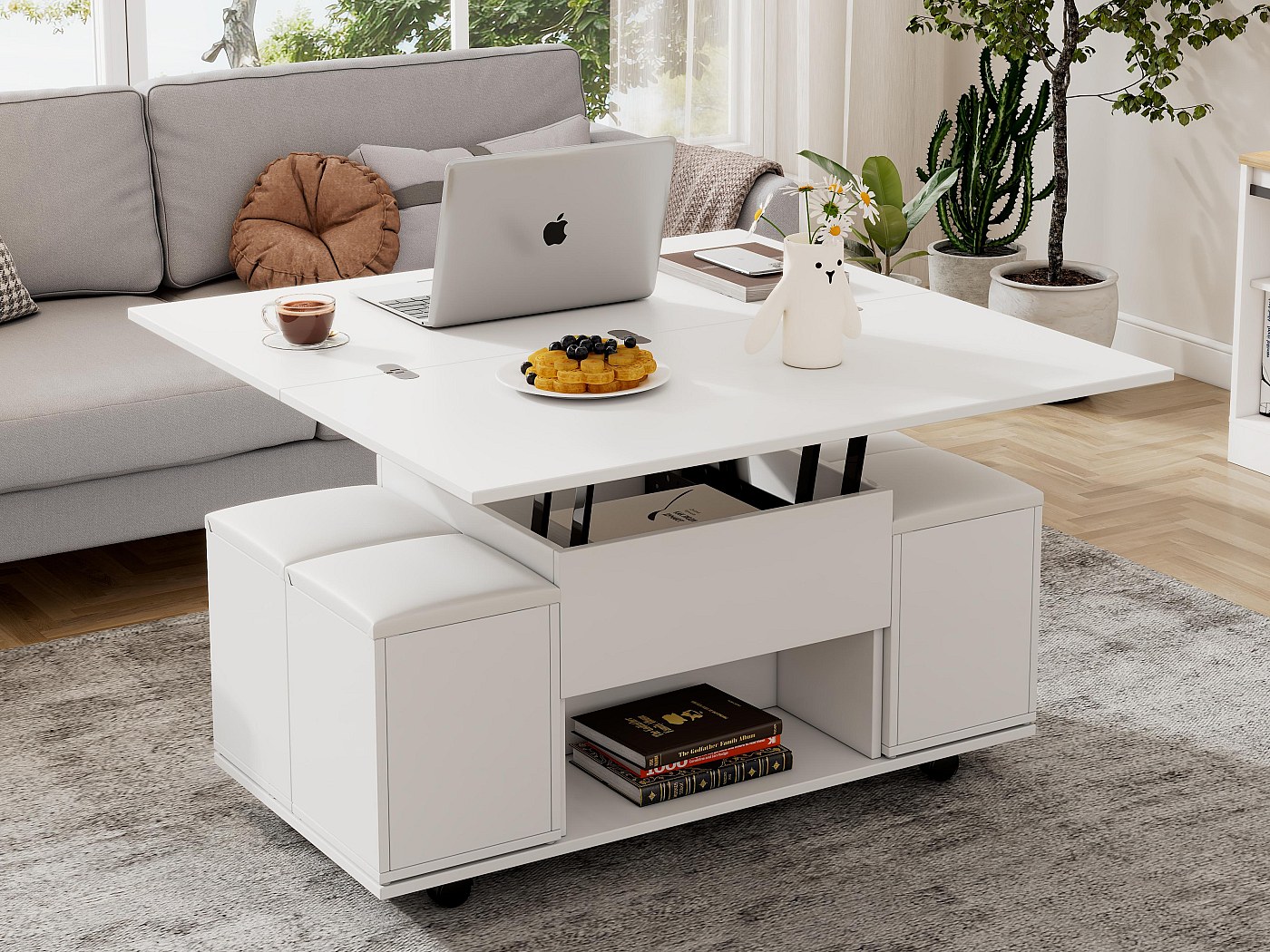 Multifunktionaler Couchtisch – verwandelt in einen Tisch und 4 Hocker ...