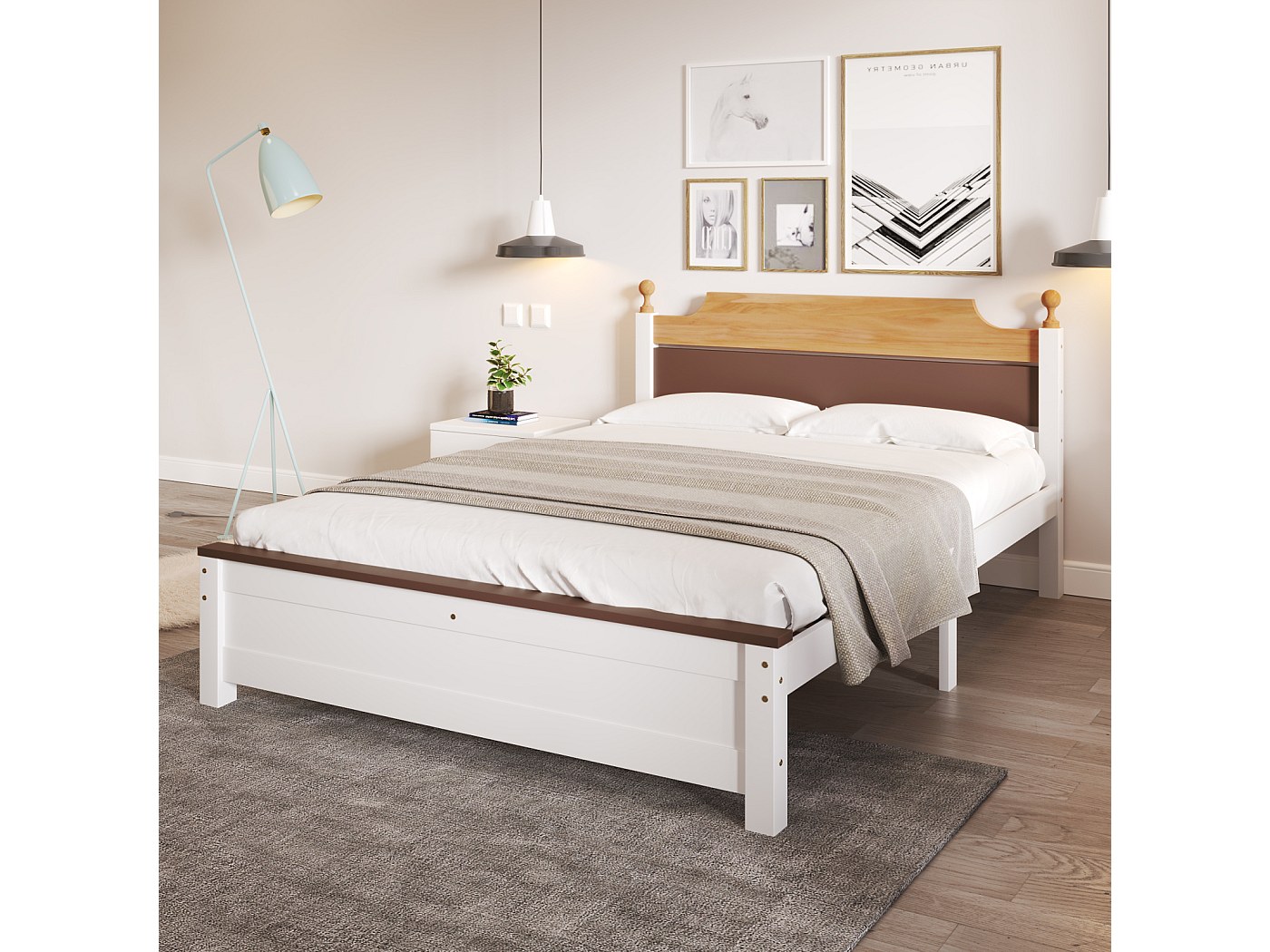 Houten volwassen bed - grenen frame met kleurgeblokt hoofdeinde en ...