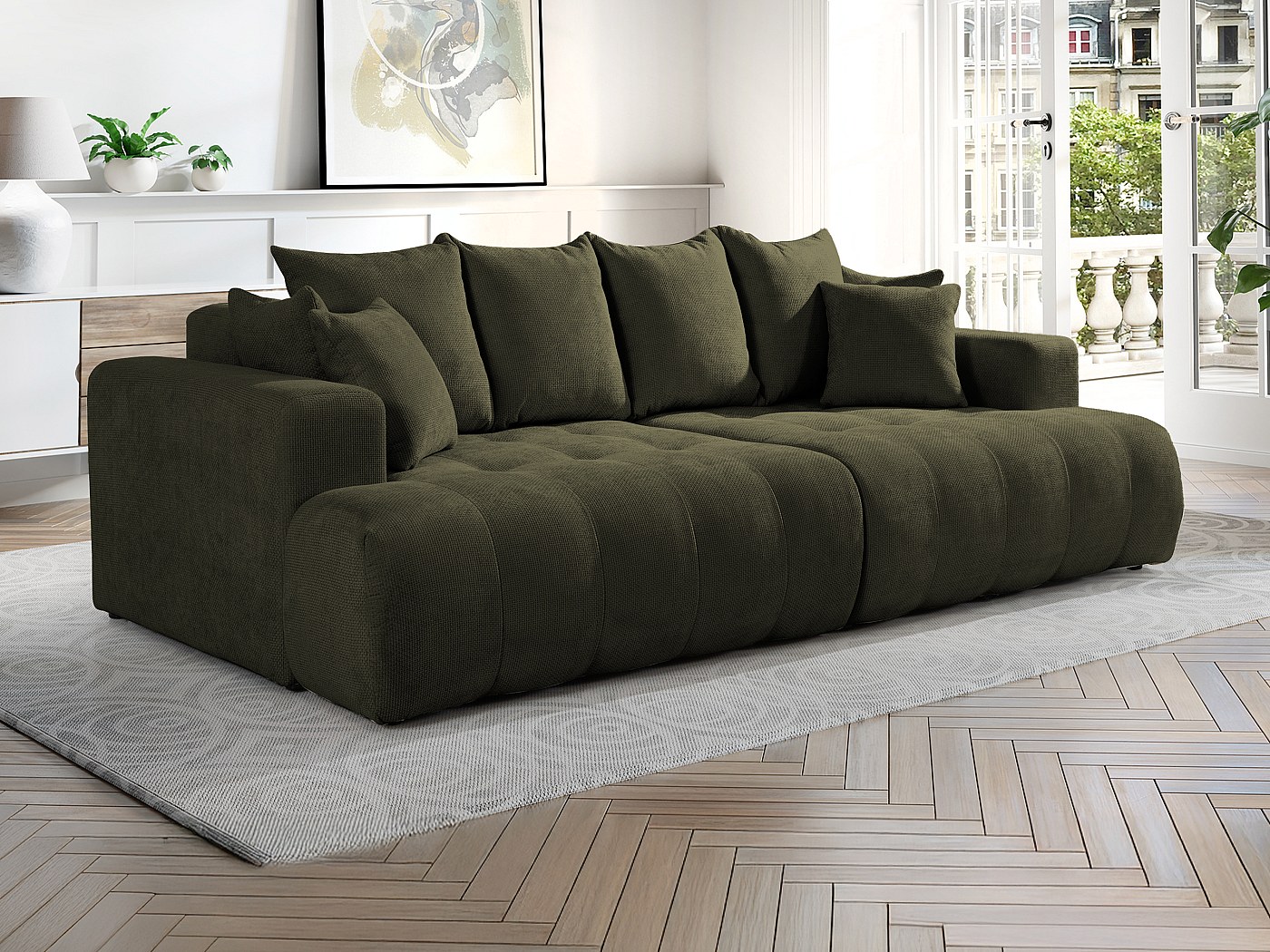 Canapé 4 places confort assise profonde en tissu texturé vert MOTINO
