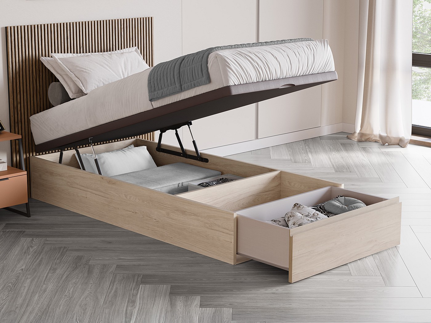 Sommier com arrumação e gaveta 90x200 cm natural claro - HESTIA de YSMÉE