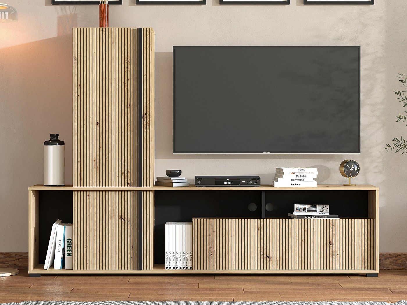 Mur TV avec 3 portes et 3 niches - Naturel clair et noir - BELUTZY