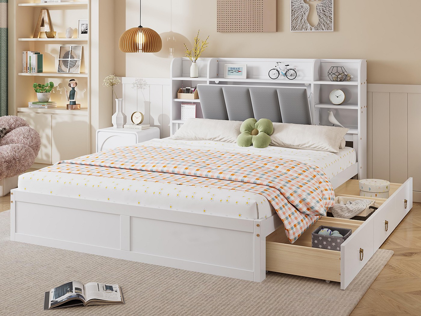 Lit double 160x200cm - en bois de pin et MDF - tête de rangement avec ...