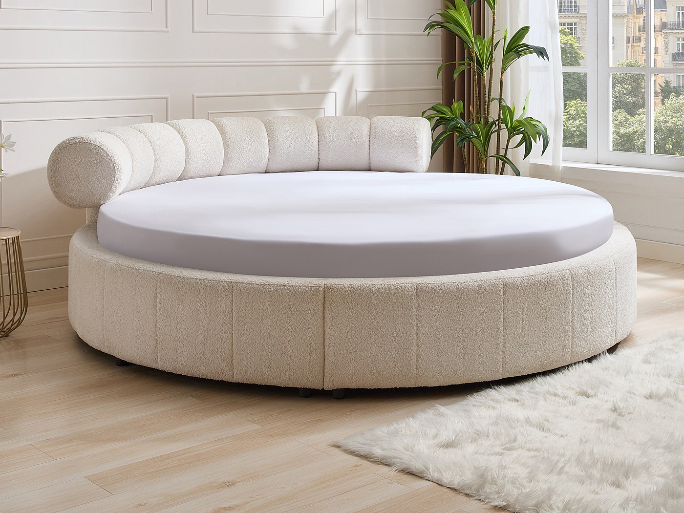 Lit rond king size 220 x 220 cm en tissu bouclette blanc + matelas - ROGILA