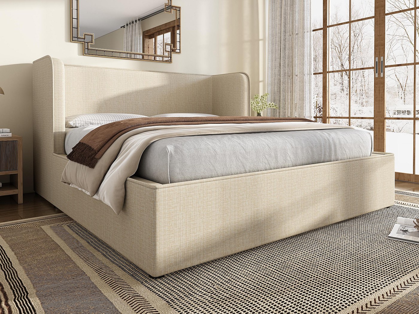 Cama estofada 180×200cm com cabeceira larga - tecido de linho - com ...