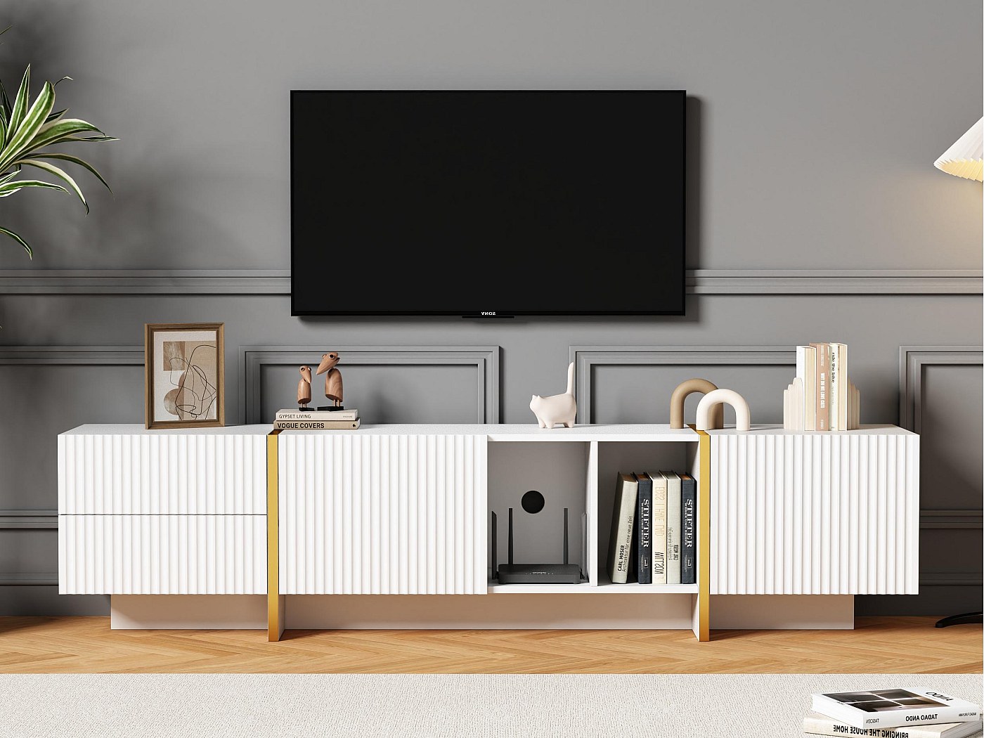 Mobile TV 190 cm - con 2 ante 2 cassetti 2 scomparti - Bianco