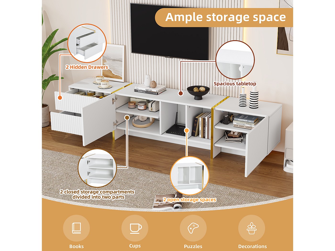 Móvel TV 190 cm - com 2 portas 2 gavetas 2 compartimentos - Branco