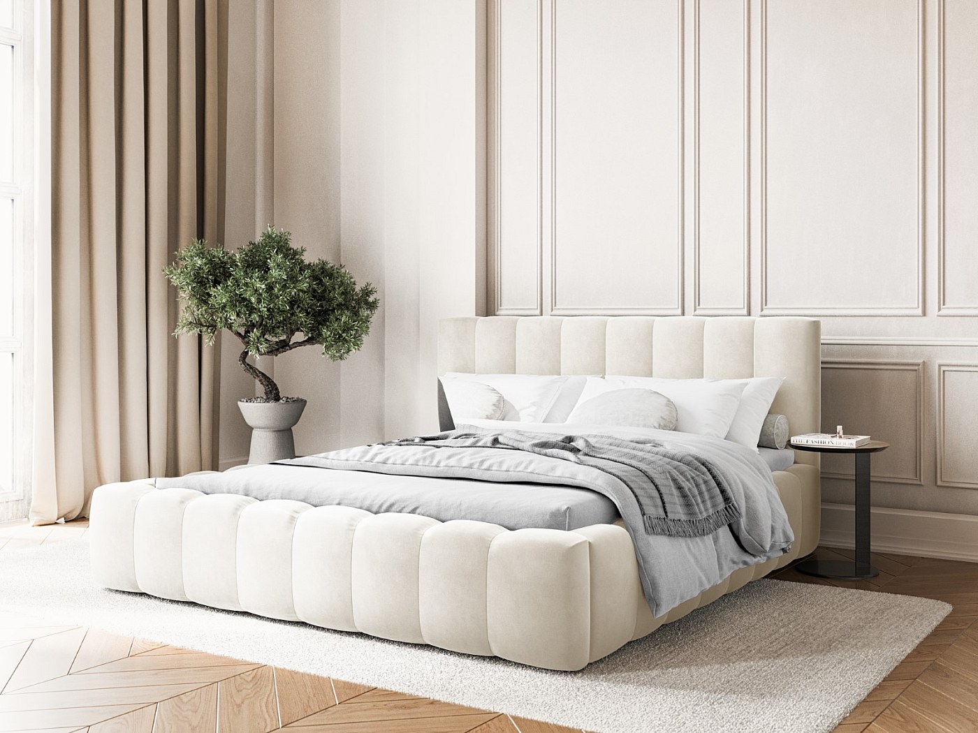 Cama con cabecero y baúl "Ludivine" 140x200cm de terciopelo beige claro ...