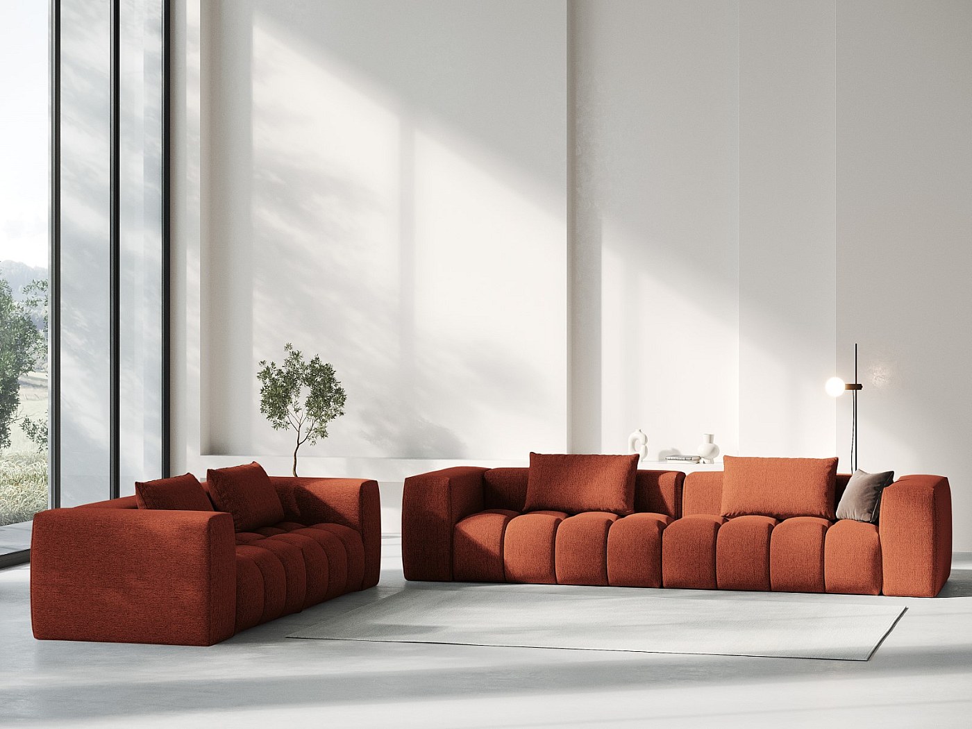 Canapé modulable "Lorella" 5 places en tissu structurel corail ...