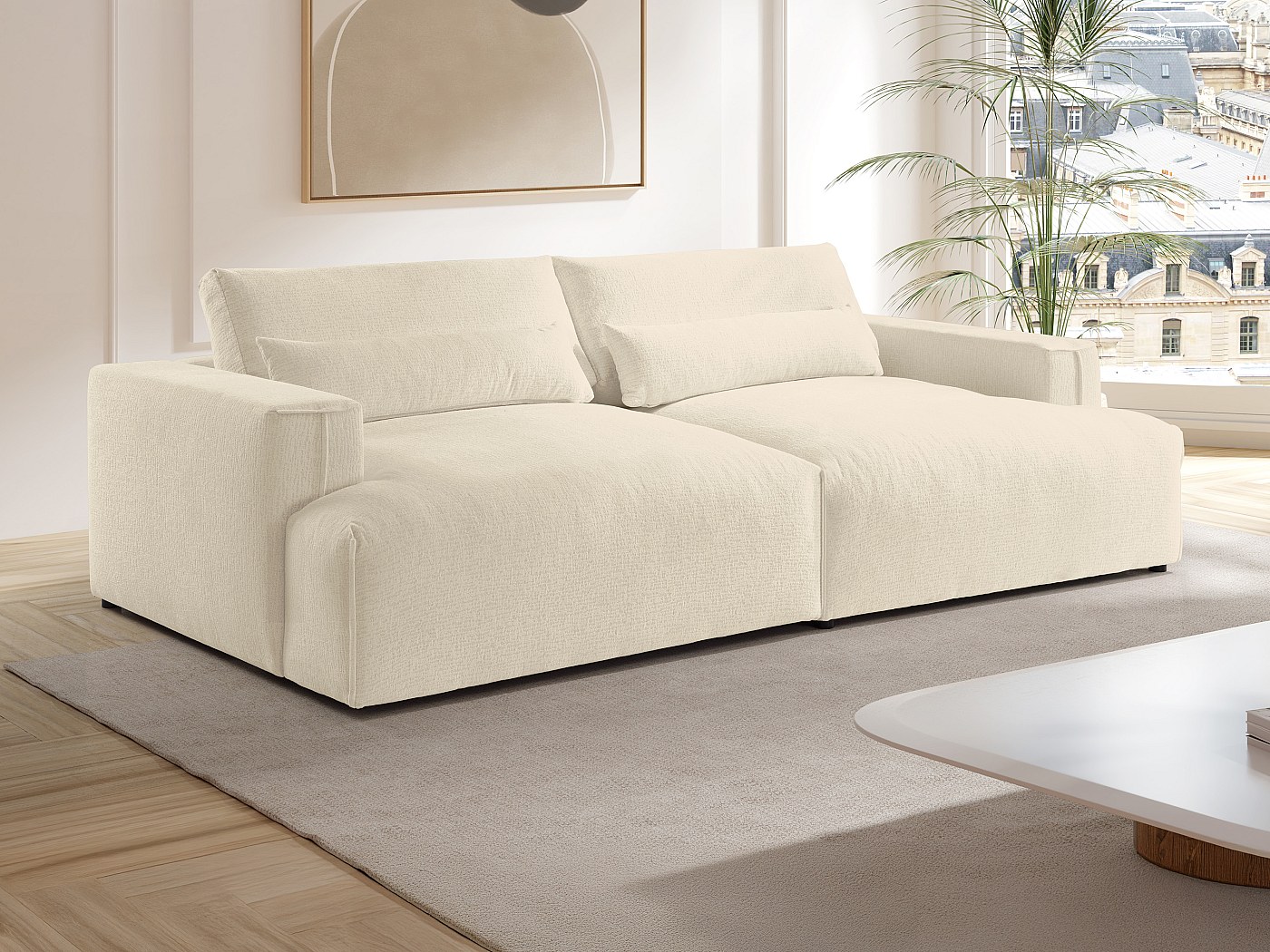 Canapé 4 places confort assise profonde en tissu texturé beige COLYSA