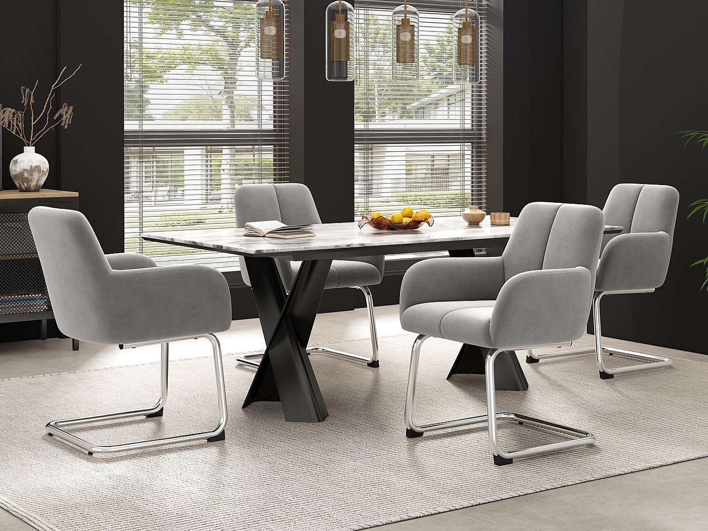 Set di 4 sedie cantilever rivestite in velluto - con gambe in metallo - Grigio chiaro