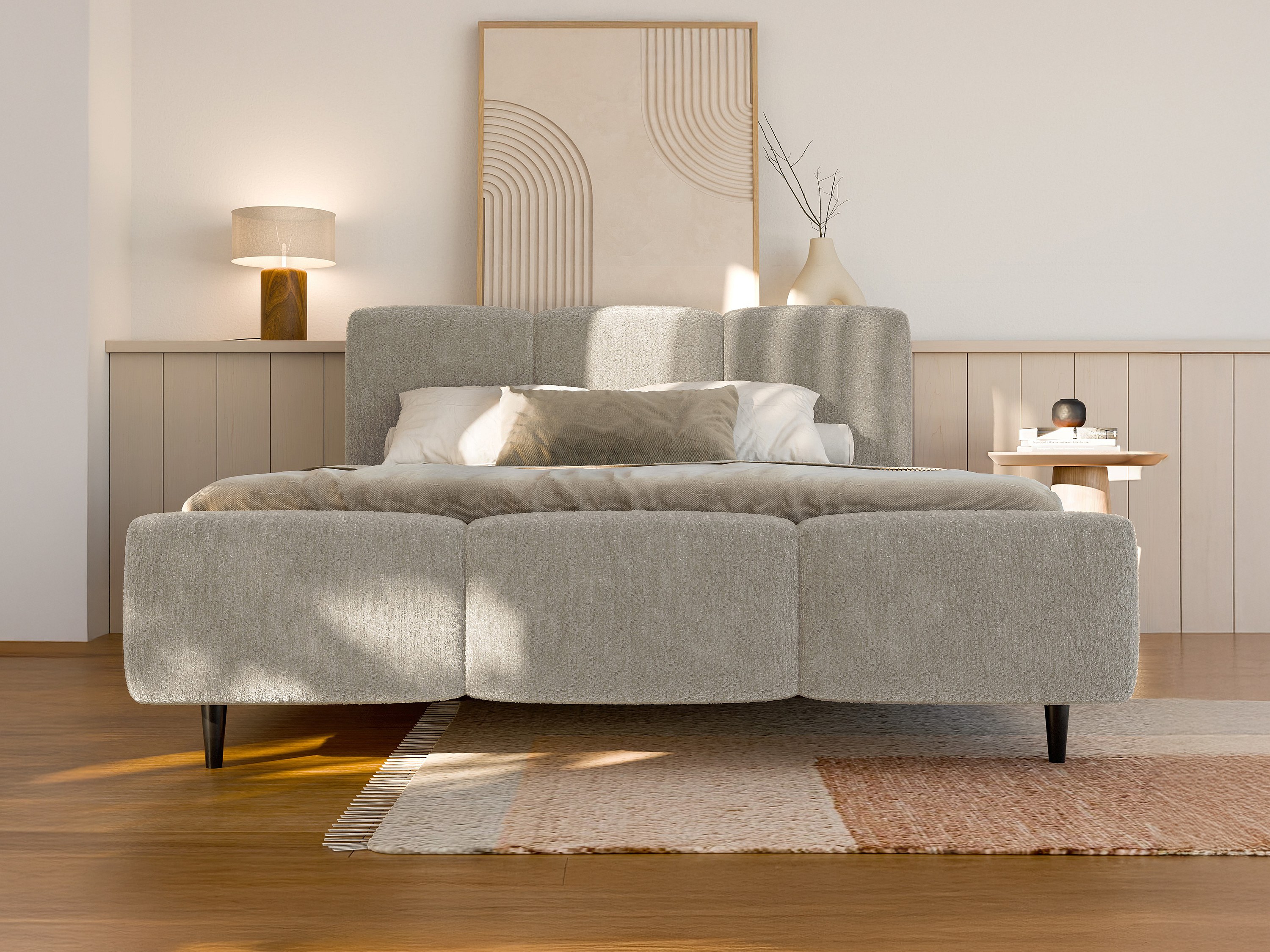 Bett mit Bettkasten - 180 x 200 cm - Bouclé-Stoff - Beige - DASUTO ...
