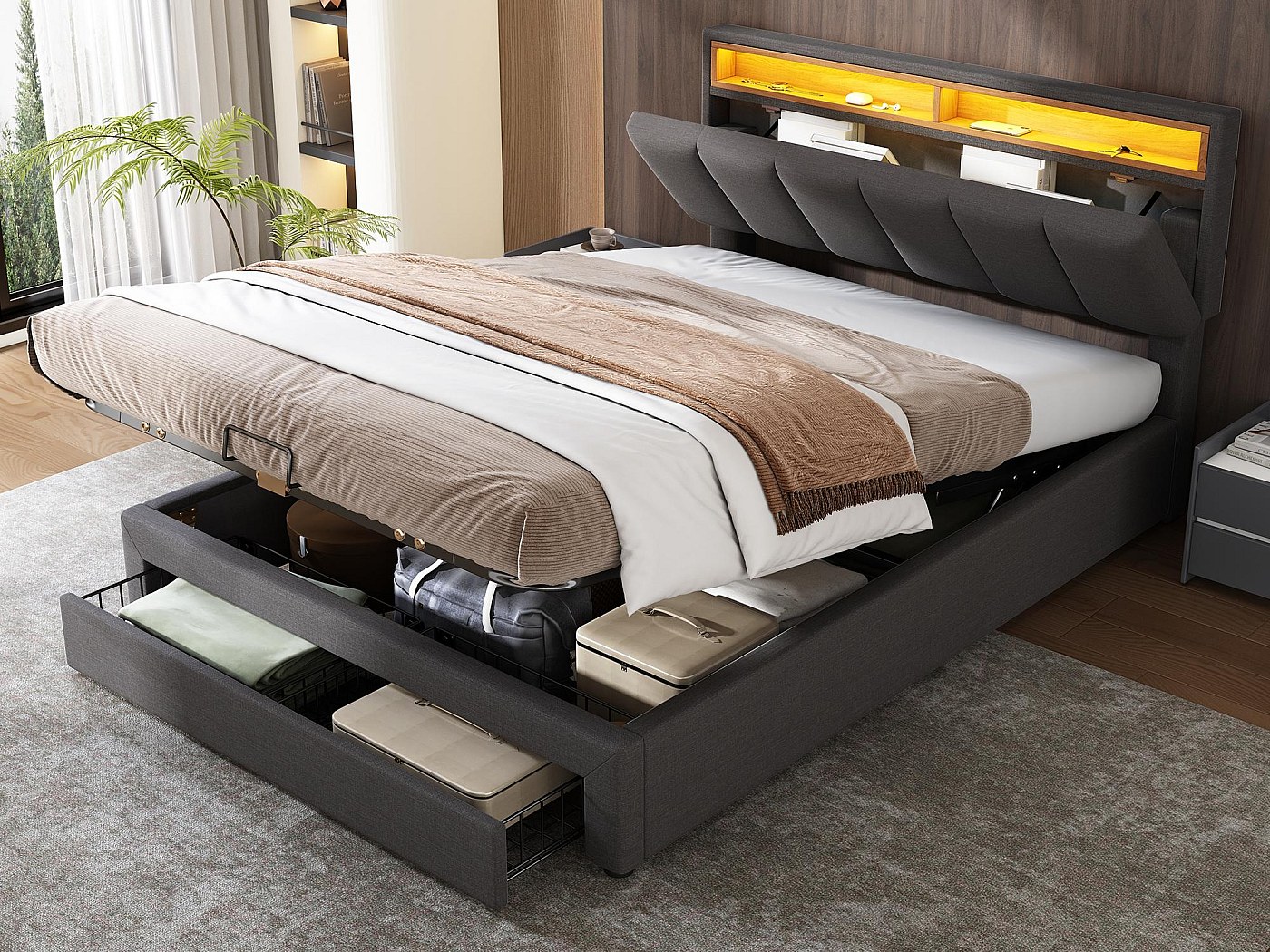 Letto contenitore imbottito 140x190 cm in lino con cassetti - testata ...