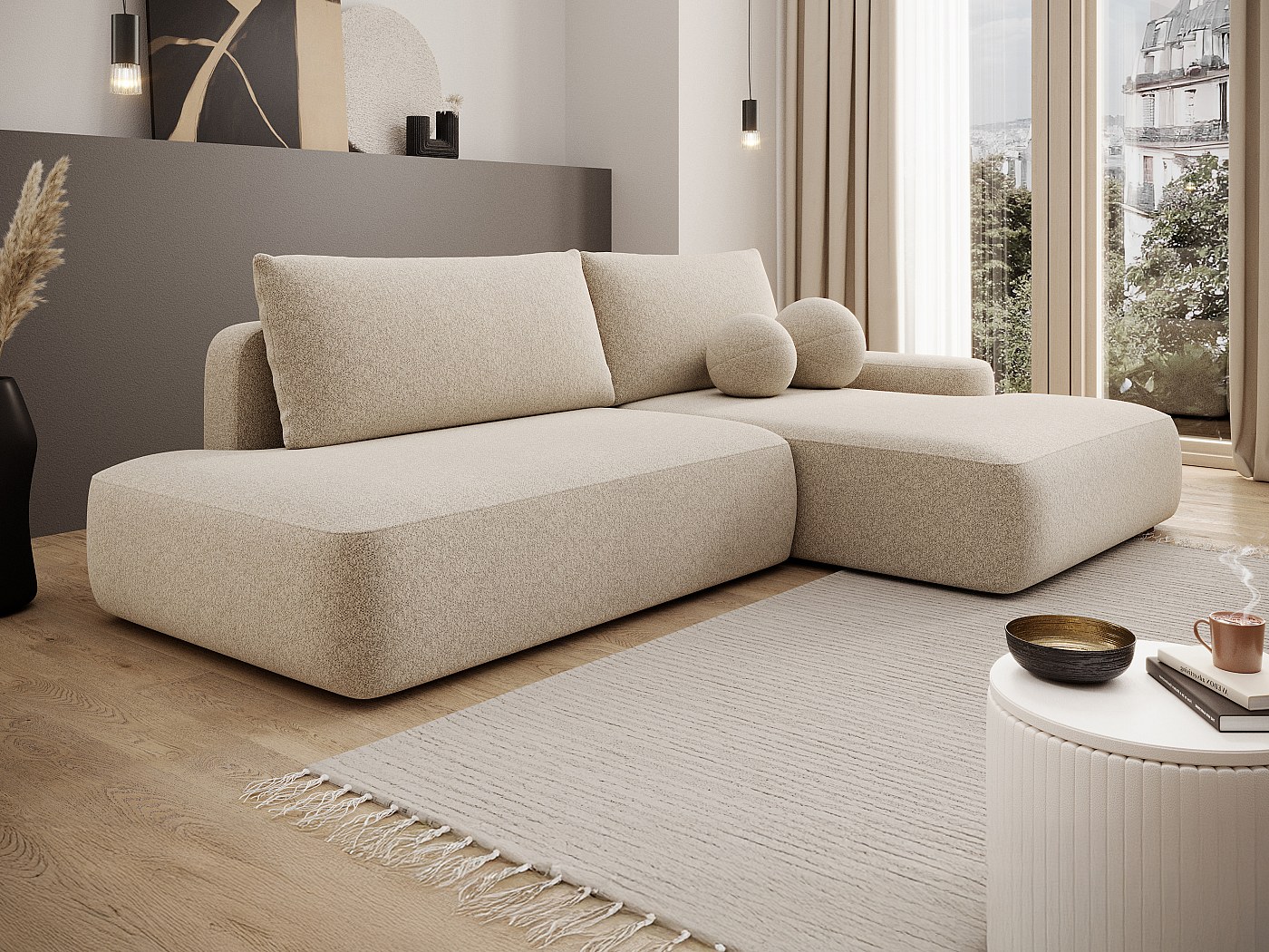 Ecksofa Schlaffunktion Ecke einseitige Armlehne Strukturstoff Beige ...