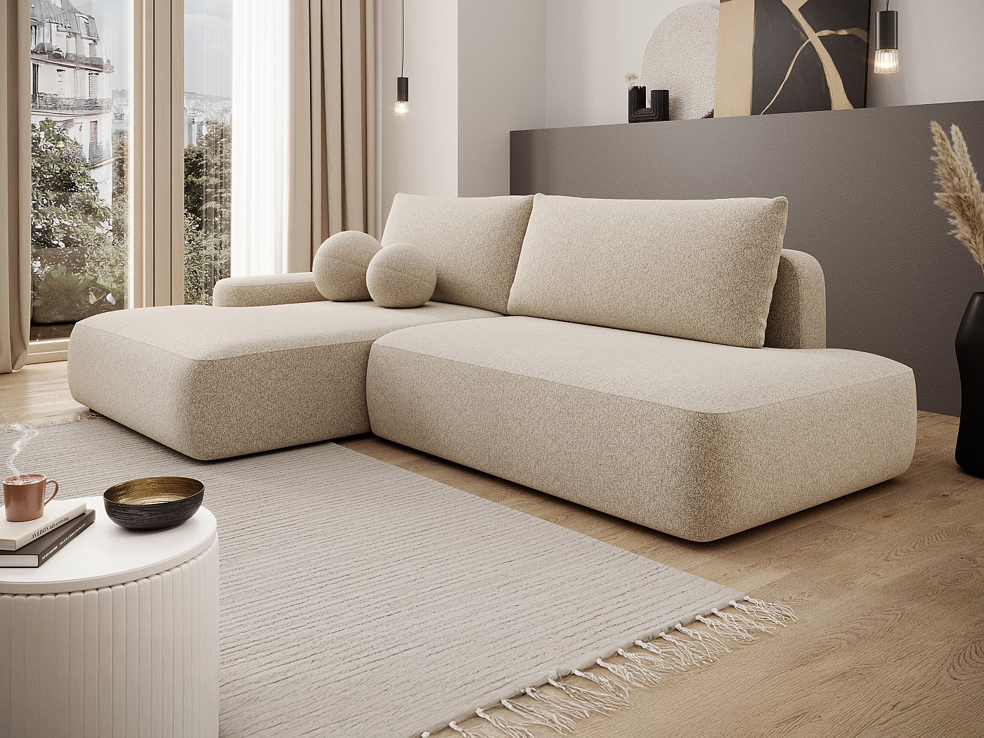 Canapé d'angle gauche ouvert convertible en tissu texturé crème DAVISO