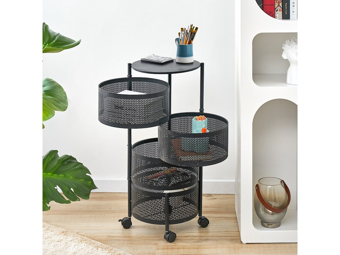 Desserte de cuisine à roulettes avec 4 niveaux pour le rangement rond noir