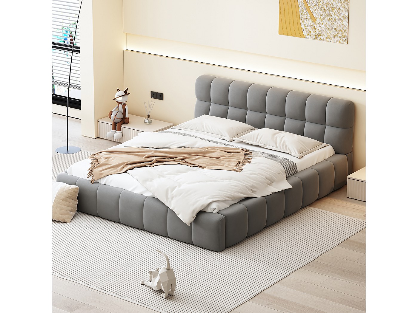 Lit capitonné 140 x 190 cm avec tête de lit moelleux - Tissu en lin ...