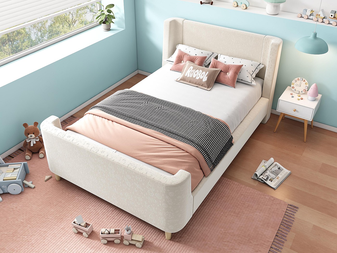 Lit enfant 90x200 cm capitonné en velours Beige (matelas non inclus)