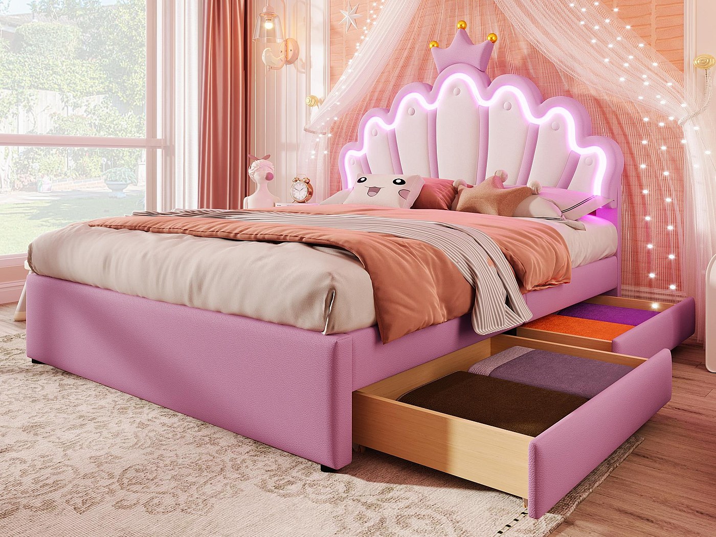 Letto imbottito per bambini 140x200 cm - con LED e 2 cassetti - Rosa