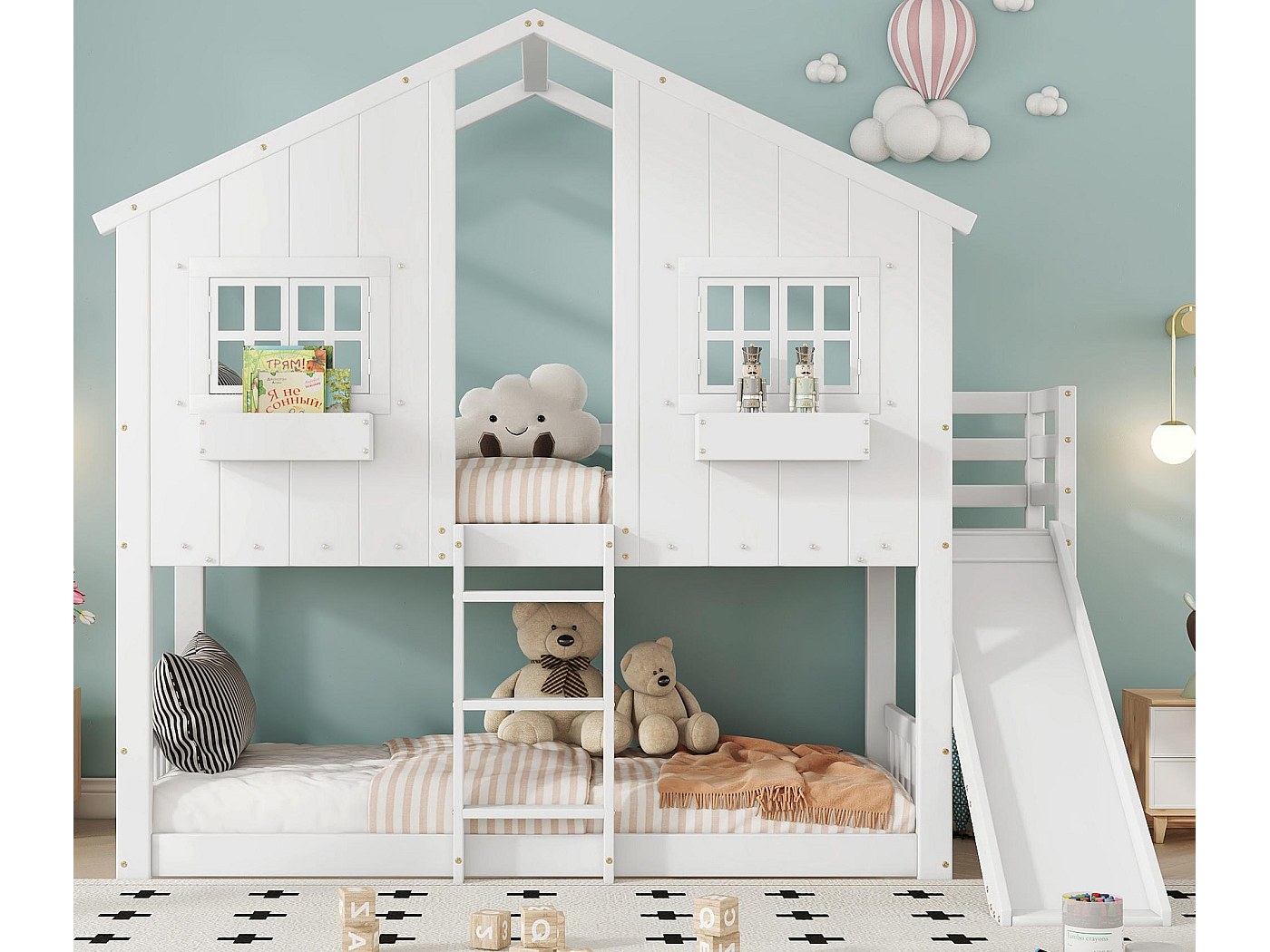 Massief houten stapelbed met ladder en glijbaan - 90x200 cm - Wit