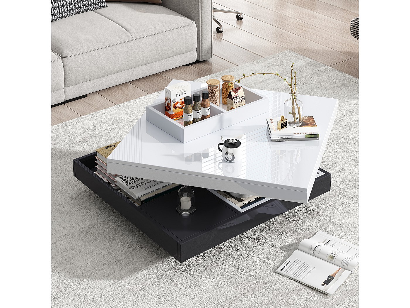 Table basse avec rangements 70x70x36 cm - plateau brillant orientable à ...