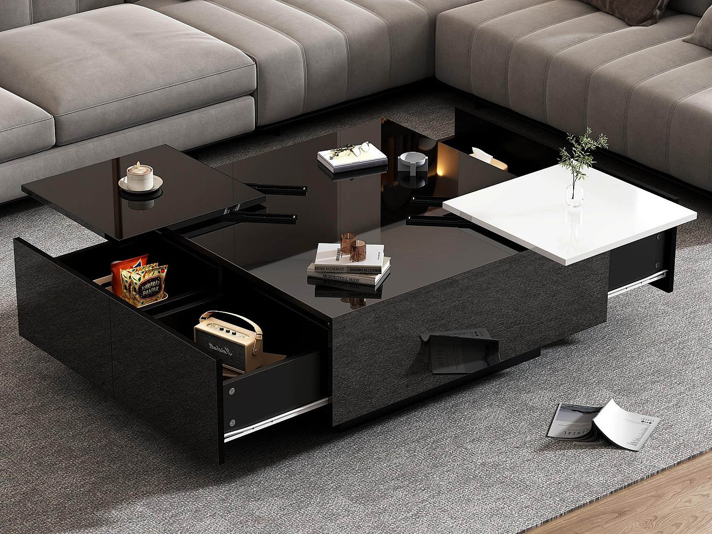 Table basse carré 75x75x33,5cm - avec 4 tiroirs - Noir