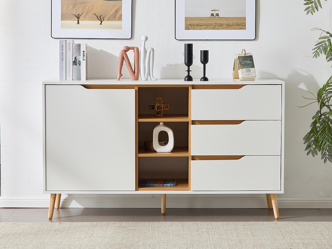 Buffet moderne avec étagères, 3 tiroirs et rangements ouverts - 140 x ...
