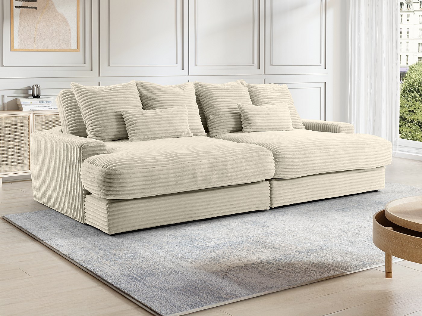 Canapé 4 places assise profonde en velours côtelé grosses côtes beige ...