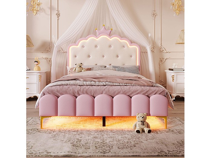 Cama tapizada 140 x 200 cm, luz de ambiente con mando a distancia ...