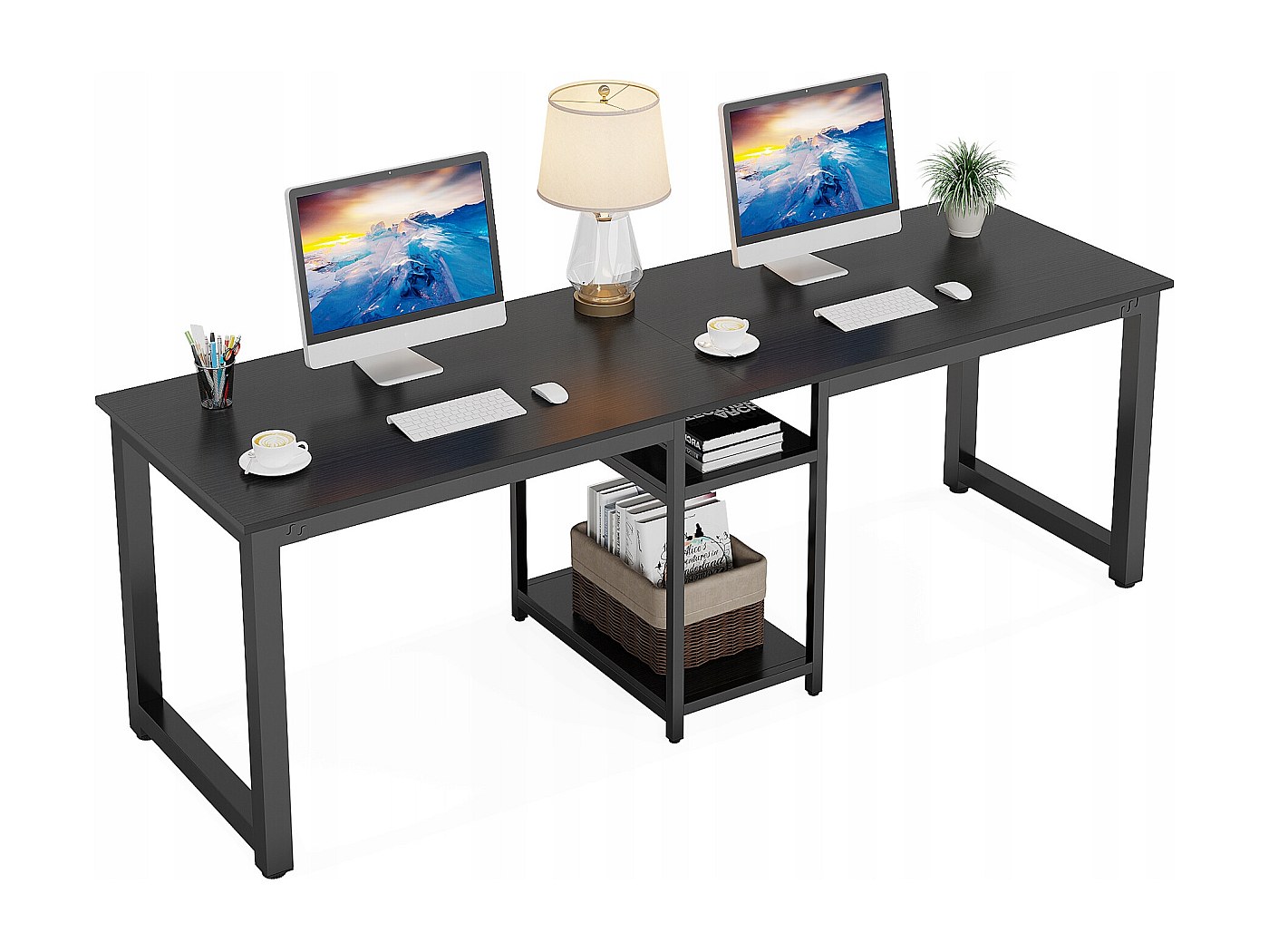 Scrivania doppia 200 cm, scrivania per computer extra lunga con ripiani portaoggetti, per 2 ...