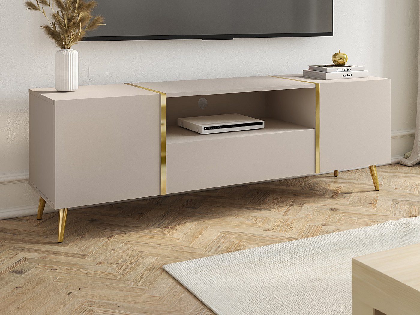 Meuble TV avec 2 portes, 1 tiroir et 1 niche - Beige et Doré - MARZIALO