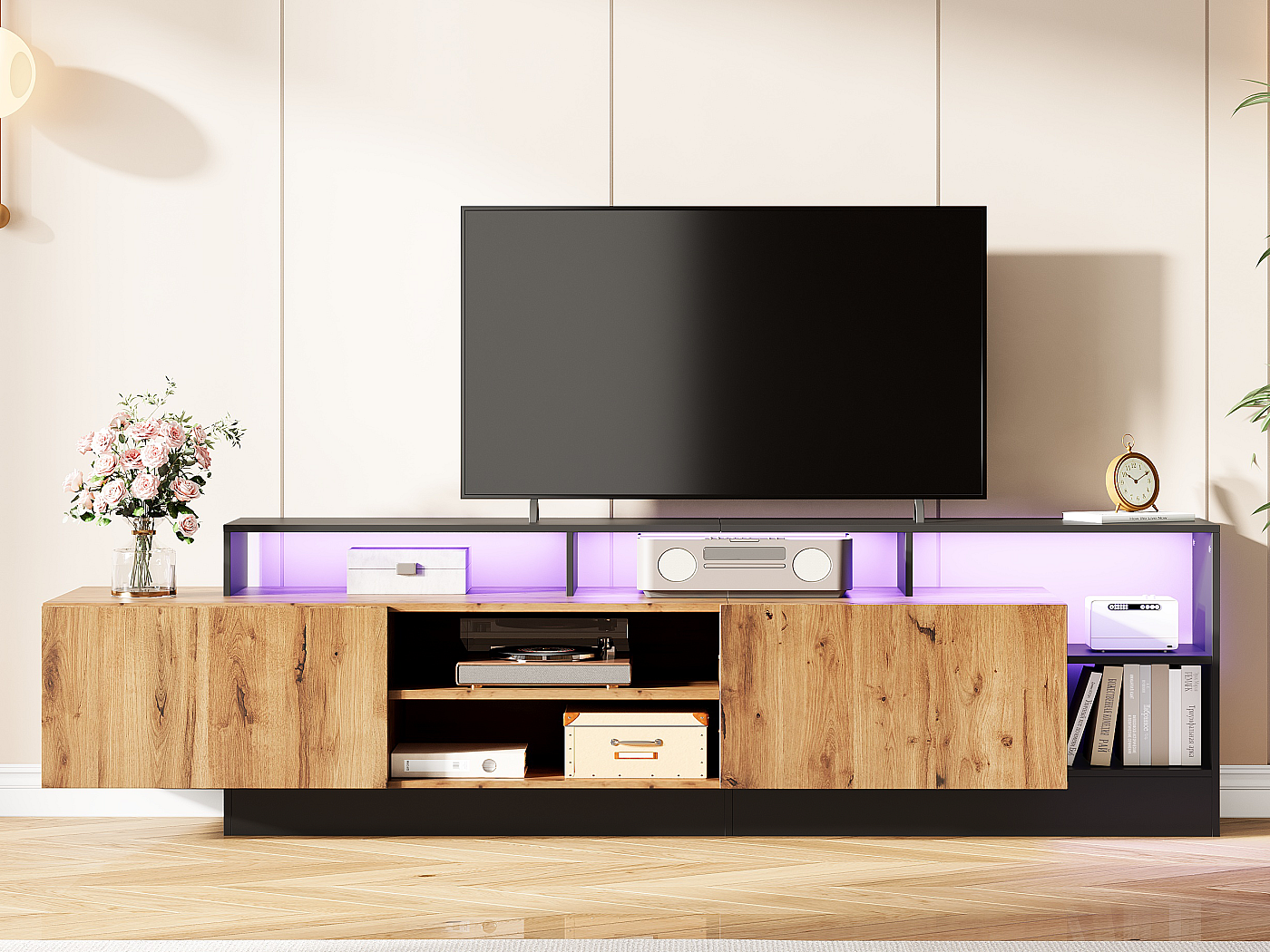 Nowoczesny mebel TV z LED - 2 drzwi i 6 otwartych przegrodami - Czarny ...