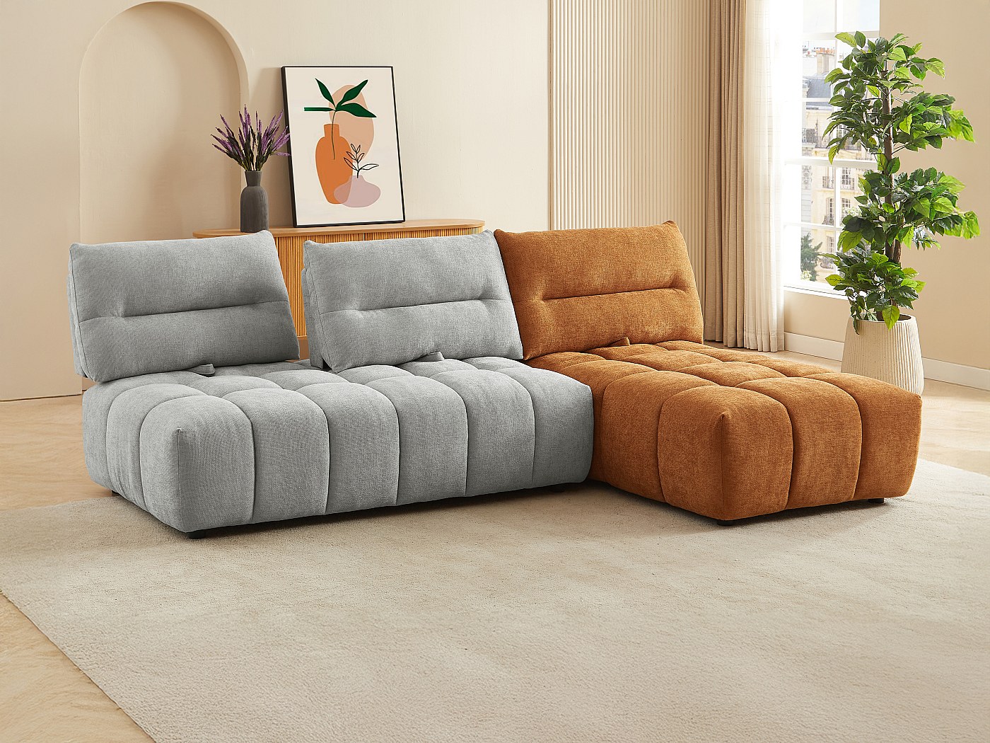 Canapé d'angle modulable dossier avance-recule en tissu gris clair et ...