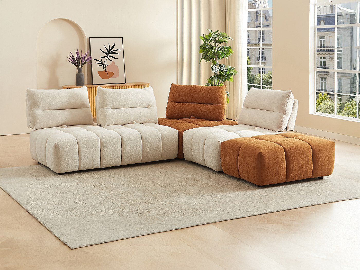 Grand canapé d'angle modulable dossier avance-recule en tissu beige et ...