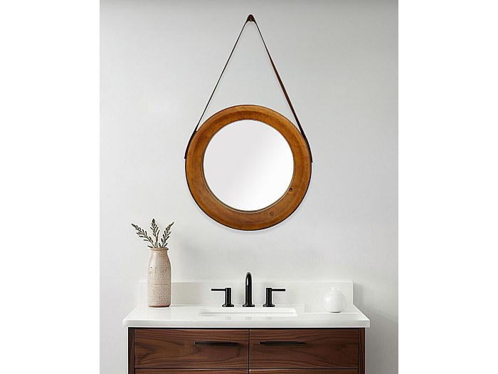 Brio - Miroir rond pour salle de bain en bois et lanière en cuir