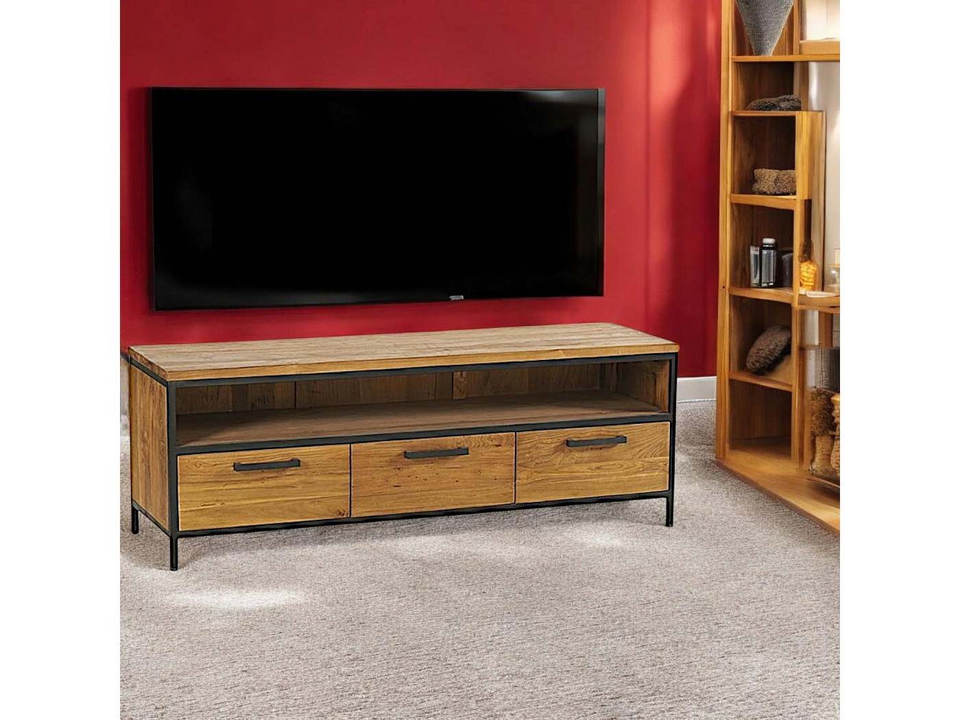 Meuble tv en teck poignées métal 3 tiroirs PUNE
