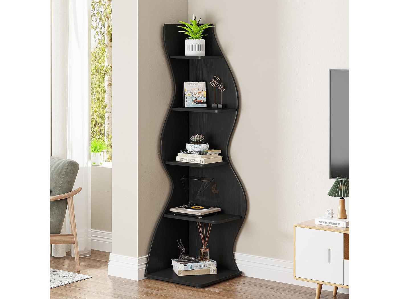 Librería esquinera pequeña y elegante - Estantería esquinera moderna de ...