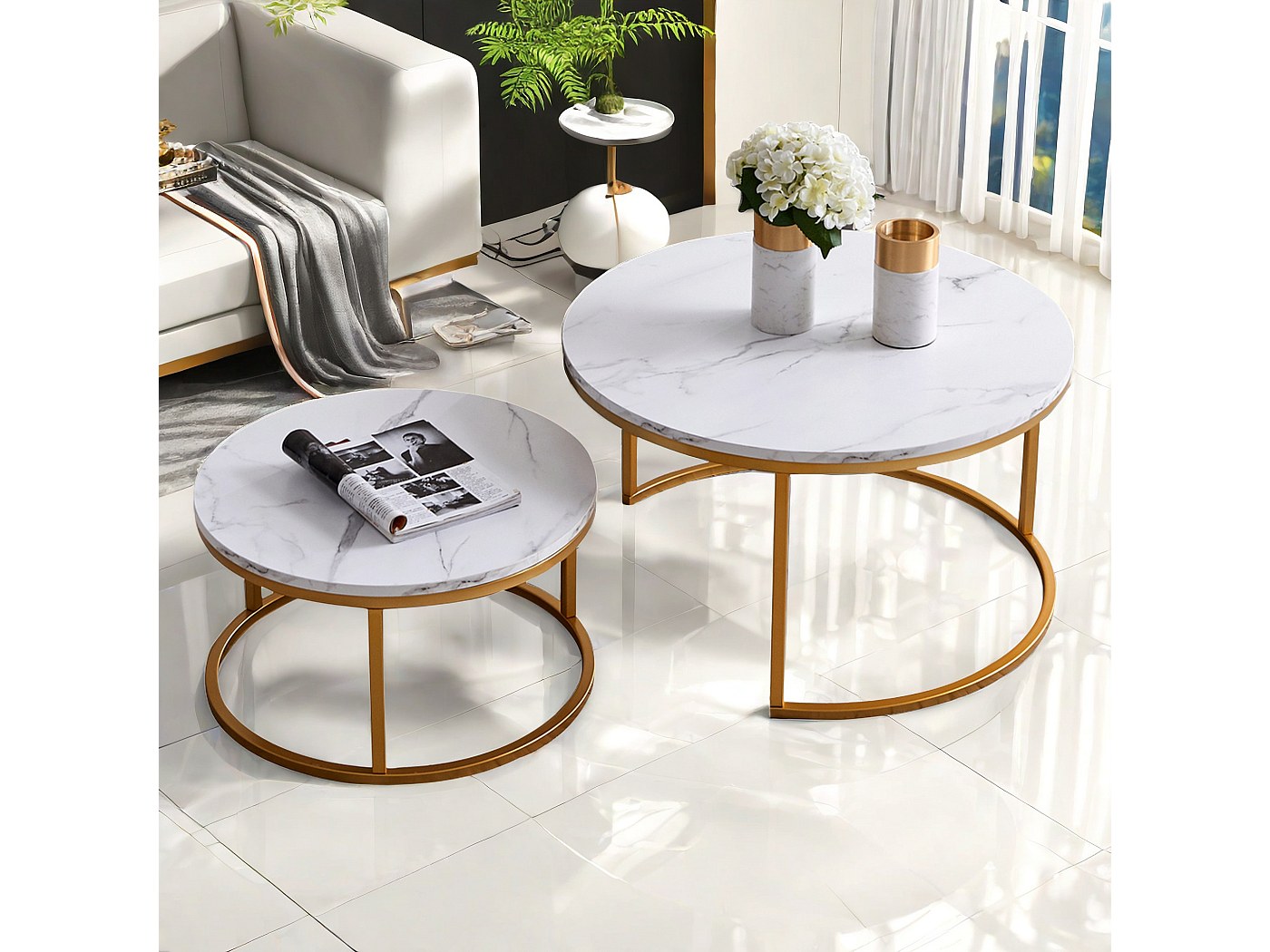 Table basse ronde en marbre blanc et or - Table de salon ronde Lot de 2 ...