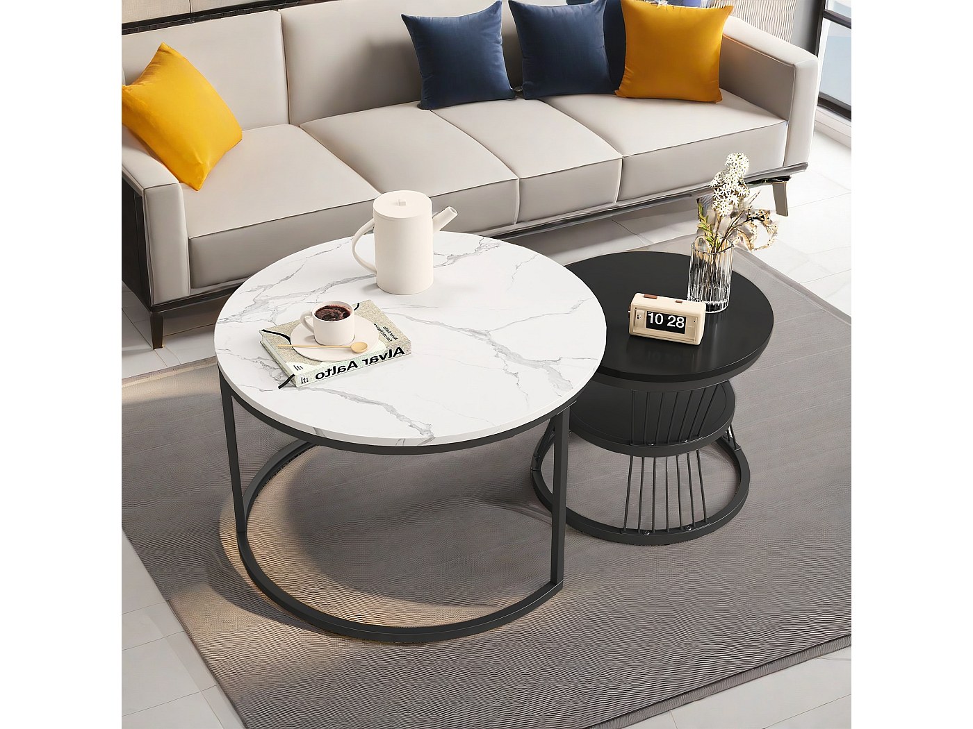 Set de 2 tables basses modernes rondes empilables avec rangement ...