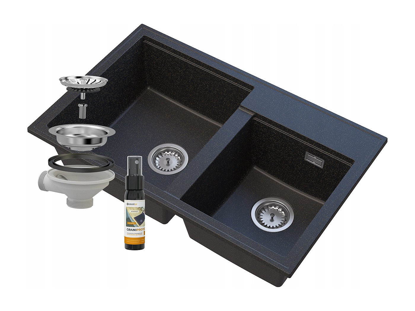 ÉVIER DOUBLE BAC GRANIT DORÉ SIPHON CHROME HECTOR