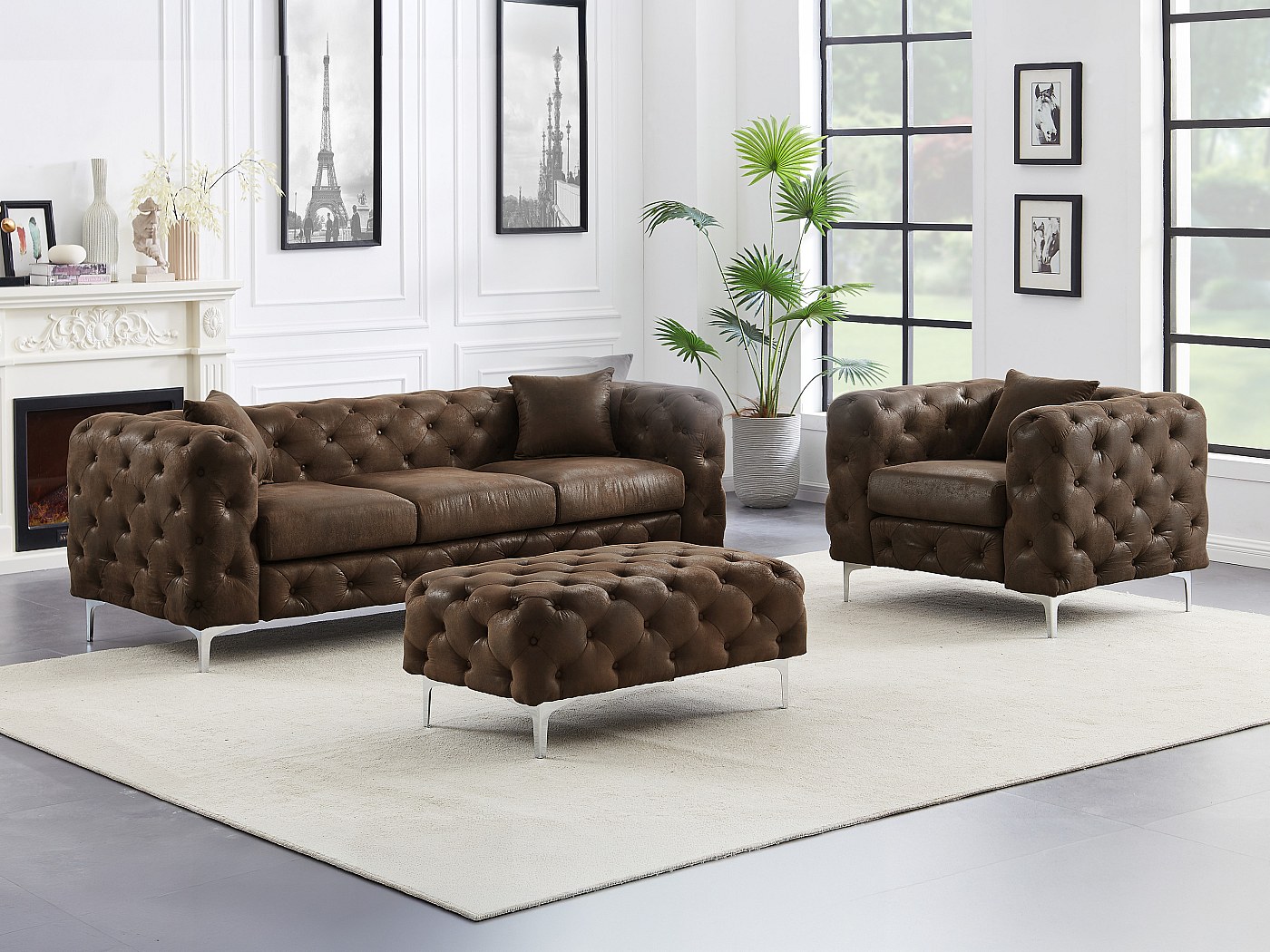 Divano 3 posti, poltrona e pouf chesterfield microfibra aspetto pelle ...