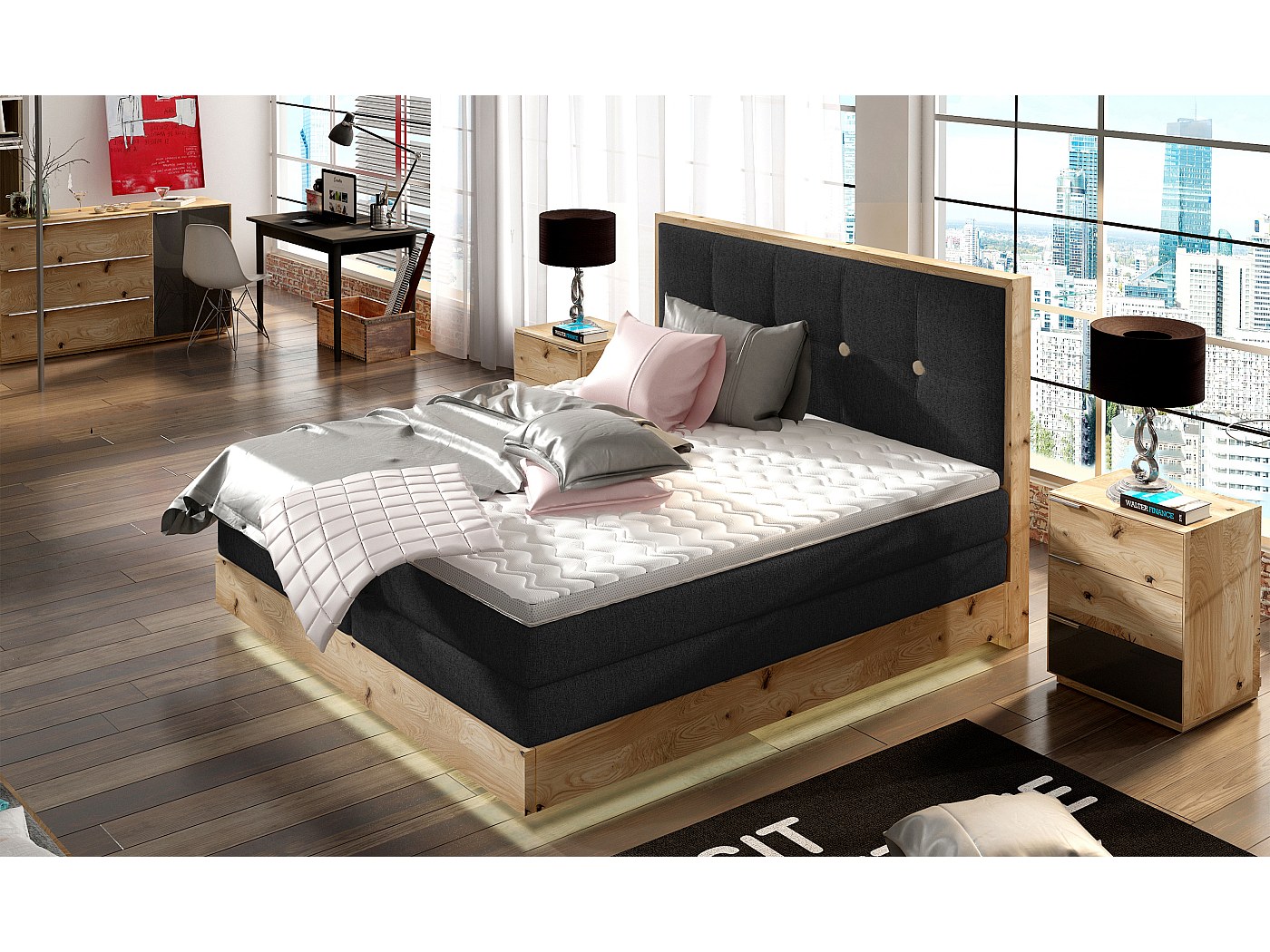 Lit Boxspring Massif avec Coffre Intégré, Surmatelas et Tête de Lit - Modèle ETNO, Bois Massif ...